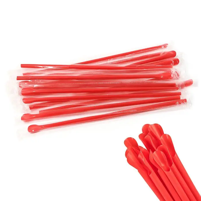 10" Plastic Red Spoon Straws Plastic Wrapped Clear Box - Perfect Stix
